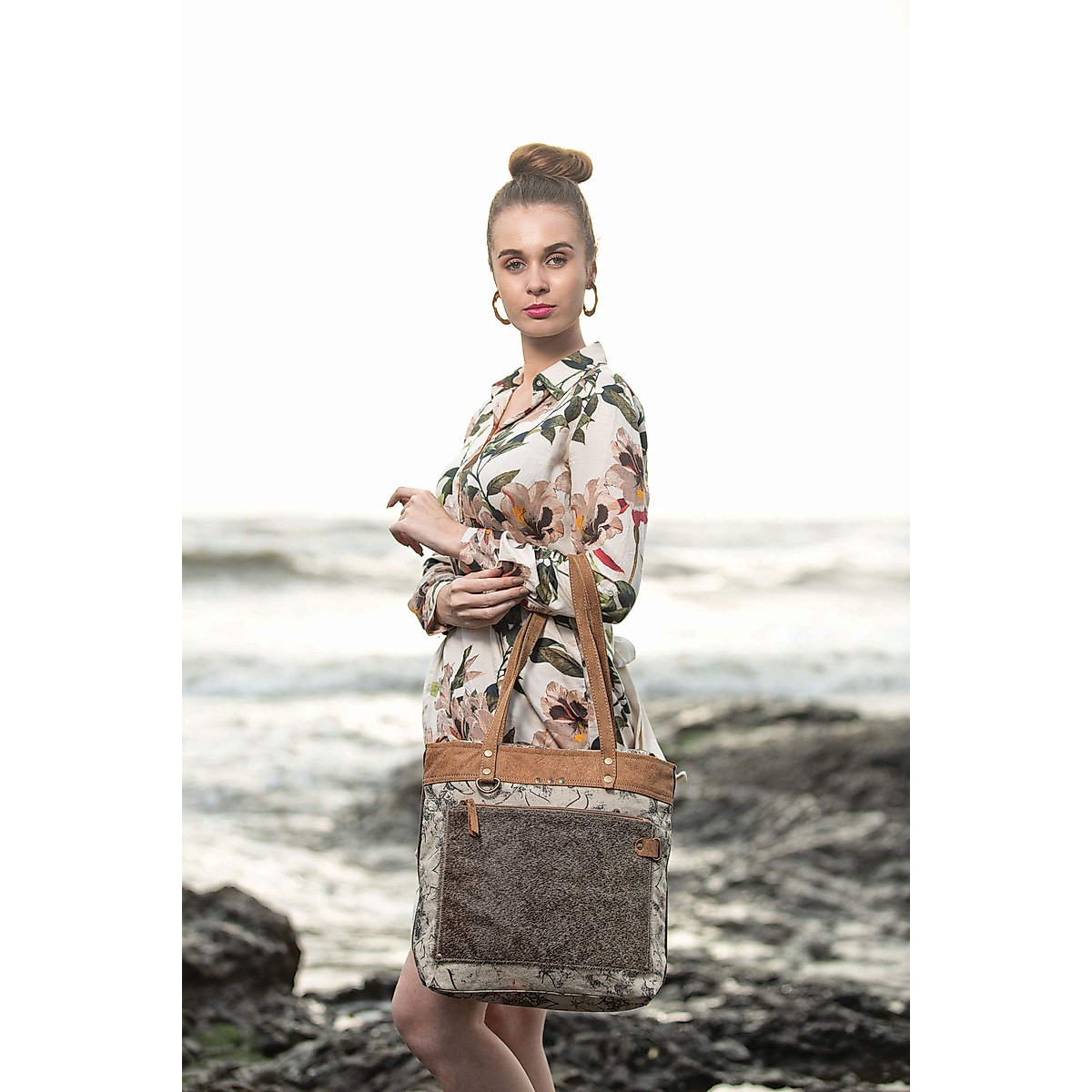 Myra Bag Himbac Upcycled Canvas & Cowhide Leather Tote Bag S-1251