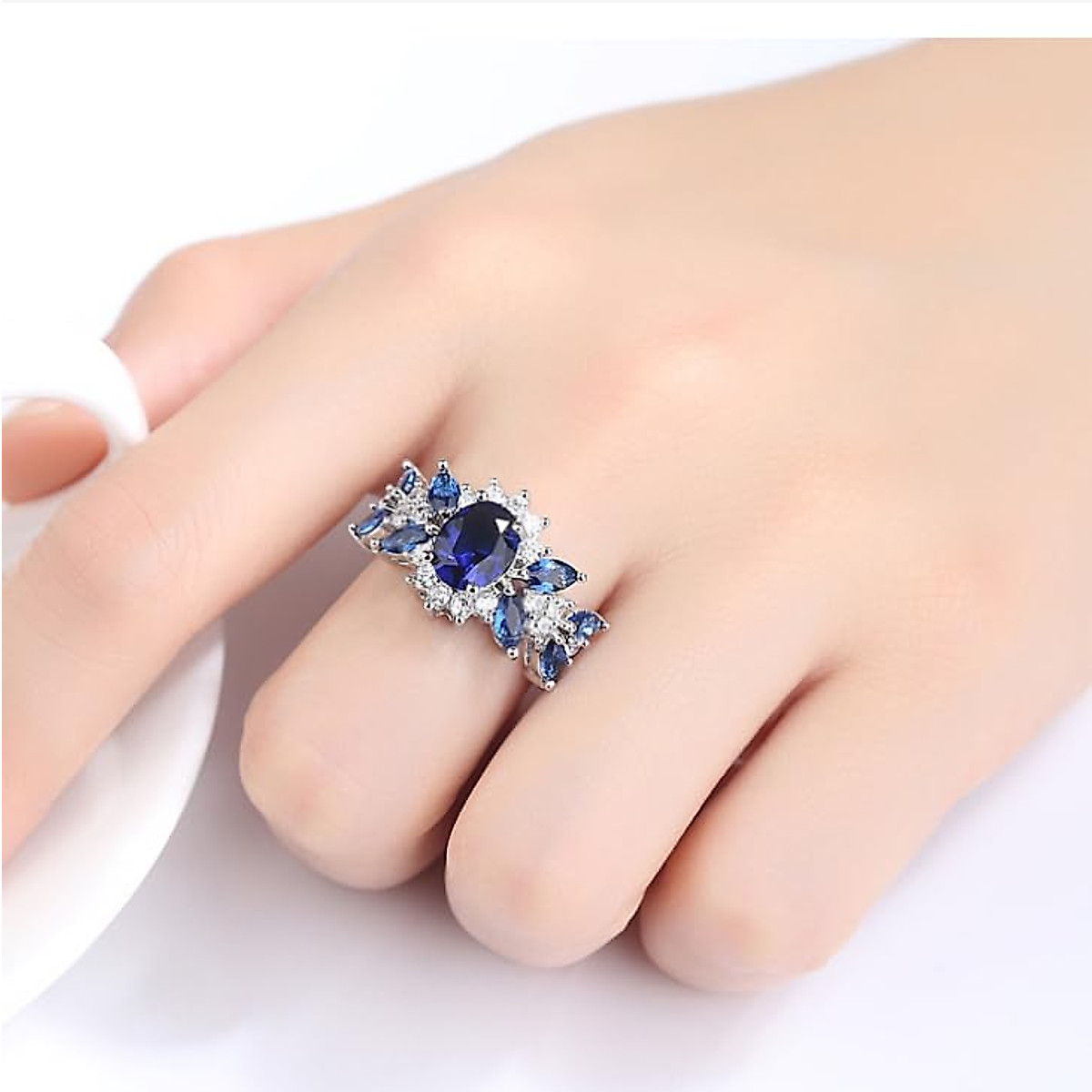 Narica Silver Plated Charming Oval Cut Created Blue Sapphire CZ Cubic Zirconia Filled Eternity Halo Cocktail Wedding Engagement Promise Leaves Floral Band Elegant Women's Flower Ring for Mom Bridal Lover Gift 9#