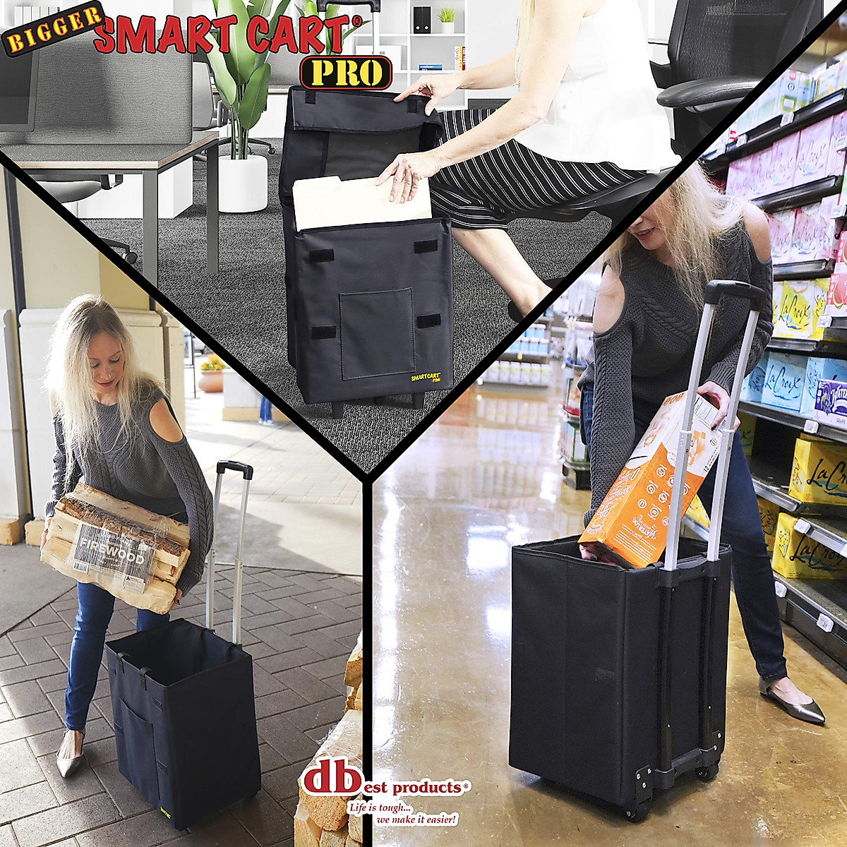 dbest products Bigger Smart Cart Pro Collapsible Rolling Utility Basket Grocery Shopping Heavy Duty Black