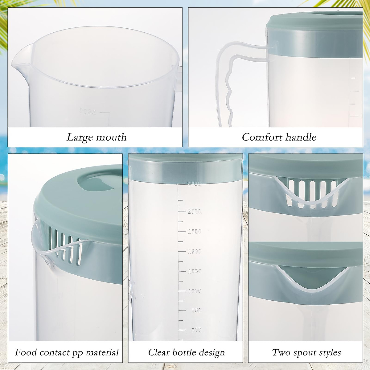 Bokon 2 Pcs 0.69 Gallon/ 88 Oz/ 2.6 l Plastic Pitcher with Lid Clear Water Jug Juice Beverage Jar with Handle Ice Tea Kettle for Hot Cold Mix Drink Lemonade, Pink and Blue Lid