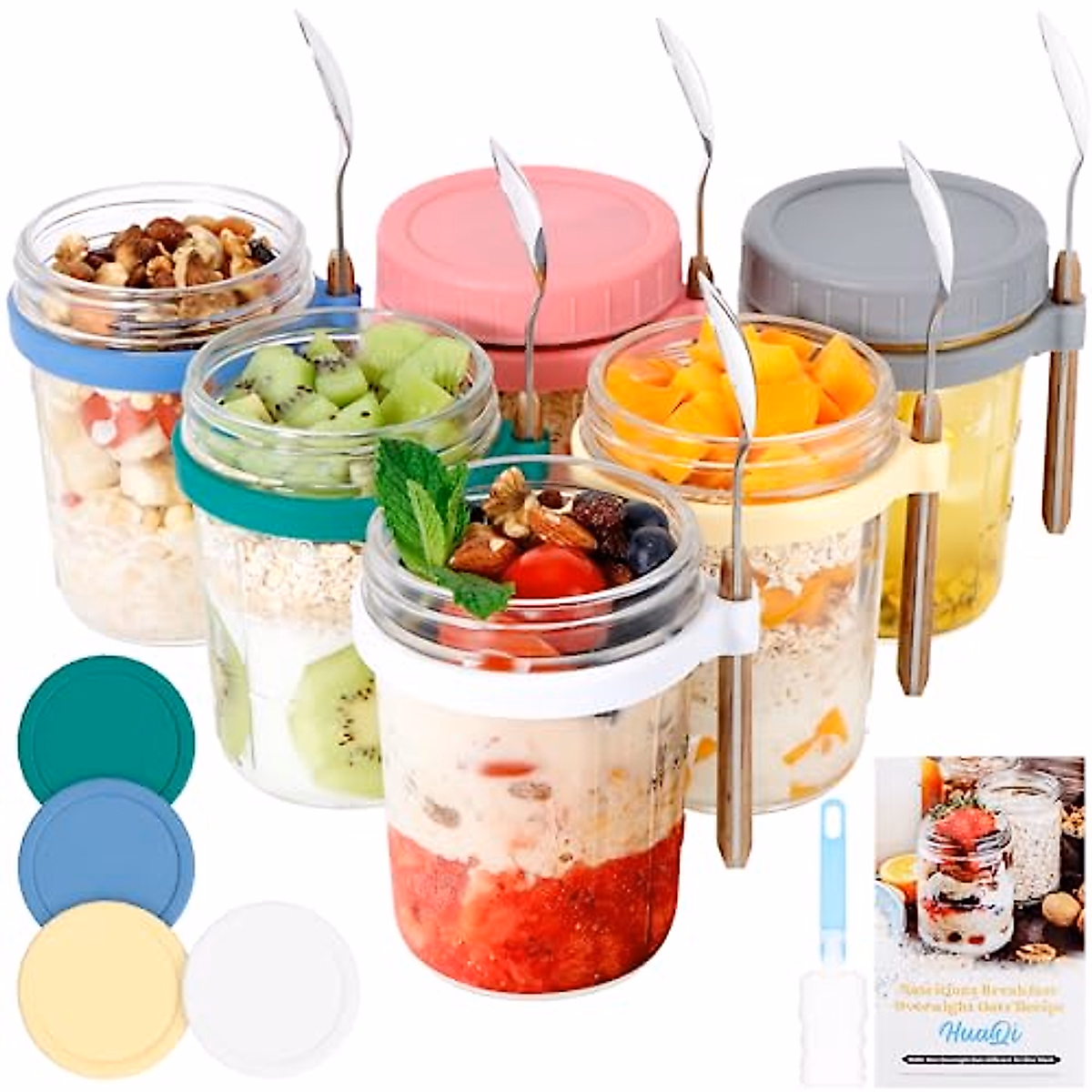 Overnight Oats Containers with Lids and Spoons - Mason Jars 16 Oz with Lids - Glass Jar with Lid 6pack Yogurt Containers with Lids for Overnight Oats, Meal Prep,Yogurt,Chia Pudding, Salad, Fruit