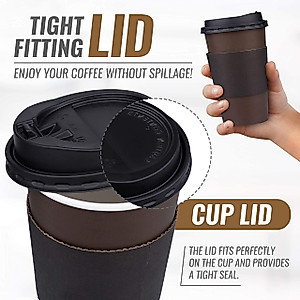 Promora 16 oz Brown Disposable Coffee Cups with Lids & Sleeves, Hot Coffee Cup Sleeves Disposable, Premium Insulated To Go Coffee Paper Cups with Lids & Sleeves (16 oz, Pack of 100) Brown and Black