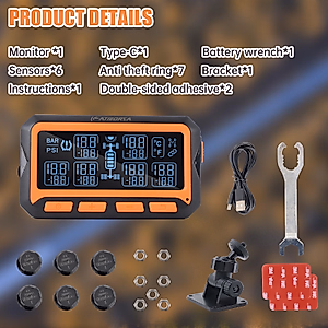 ATMOREA Tire Pressure Monitoring System RV TPMS with 6 Sensors 7 Alert Modes & Real Time Display Pressure&Tempereture Auto Sleep Mode