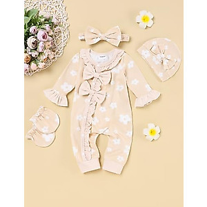 Okgirl Newborn Girl Clothes Baby Girl Outfit Floral Romper Cream Jumpsuit Bow Ties Baby Girl Outfit