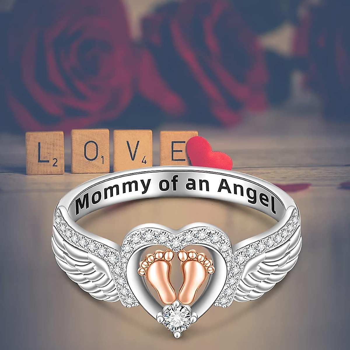 Angel Wing Ring for Women Mothers Sterling Silver Mommy of An Angel Rings Remembrance Footprint Band Memorial Keepsake Jewelry Size 8