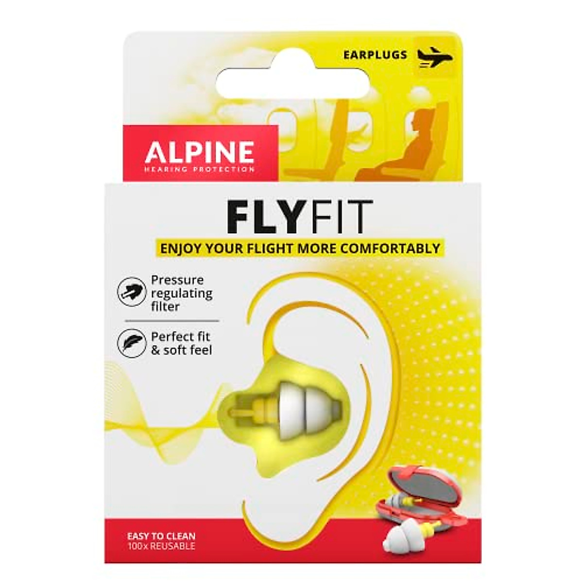 Alpine FlyFit - Earplugs for Pressure Relief & Preventing Ear Pain While Flying - Airplane Travel Essentials - Comfortable Reusable Hypoallergenic Earplugs with Ultra Soft Filter