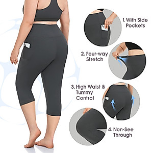 MOREFEEL Plus Size Capri Yoga Pants for Women with Pockets-Stretchy X-4XL Tummy Control High Waist Workout Black Leggings