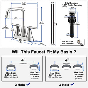Bathroom Sink Faucet, Hurran 4 inch Brushed Nickel Bathroom Faucets for Sink 3 Hole with Pop-up Drain and Supply Lines, Stainless Steel 2-Handle Centerset Faucet for Vanity RV Restroom