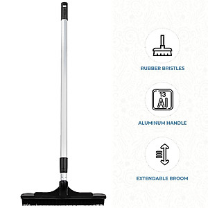 ForPro Professional Collection Extendable Salon Broom, Non-Scratch Rubber Bristles, Aluminum Handle Adjustable to 51.5”, Ideal for Pet Hair, Lint, Dust, Dirt, Black