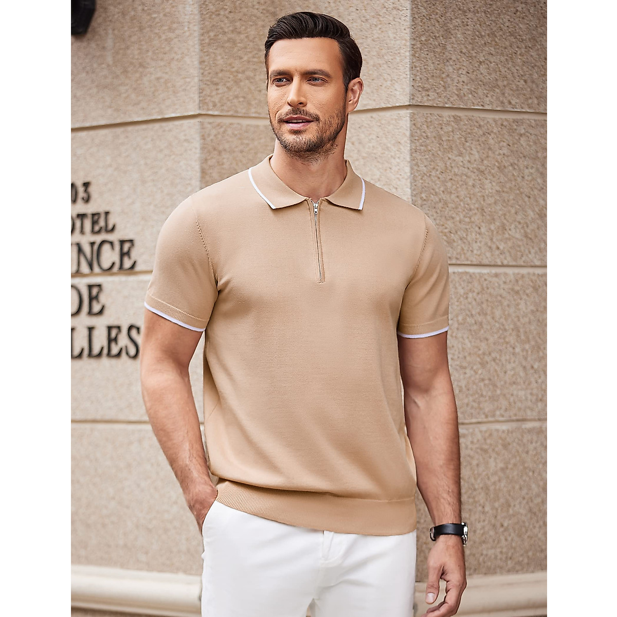 COOFANDY Mens Polo T Shirt Stripe Stretch Casual Quarter Zip Pique T Quick Dry, Light Tan, XX-Large, Short Sleeve