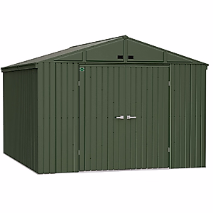 Scotts 10' x 12' Outdoor Lockable Water-Resistant Steel Storage Shed Building with Tool Hanger and Gable Roof, Green