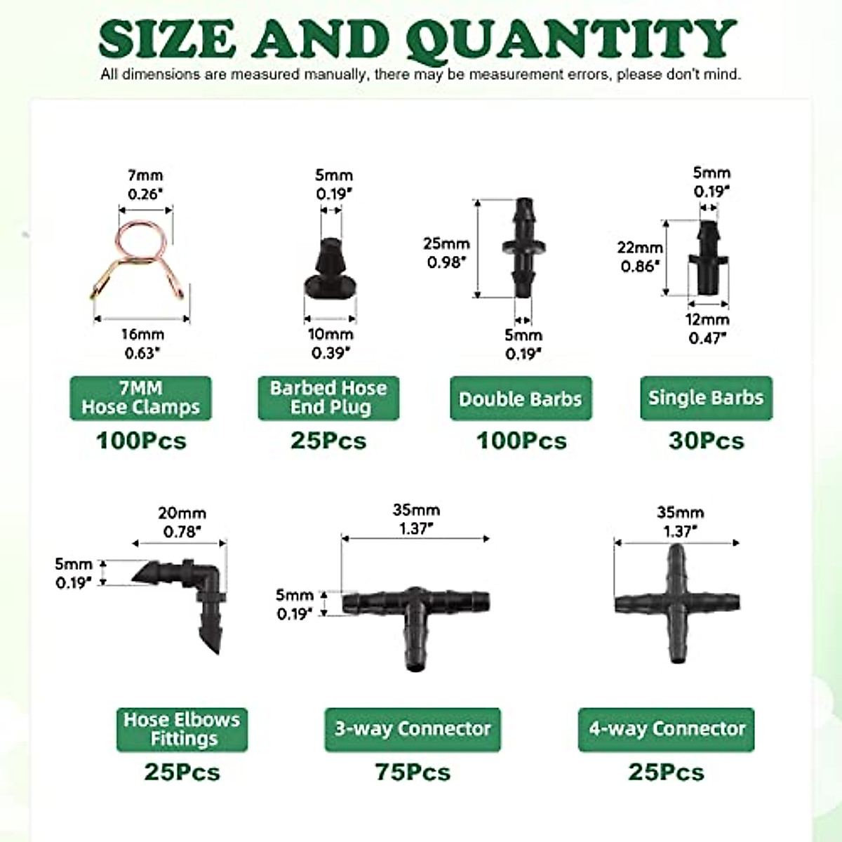 Keadic 380Pcs Barbed Connectors Irrigation Fittings Kit Contains Elbows, End Plug, Tees, 4-Way Coupling, Straight Barbs, Single Barbs Irrigation Barbed Connectors for 1/4" Tubing Sprinkler Drip Systems