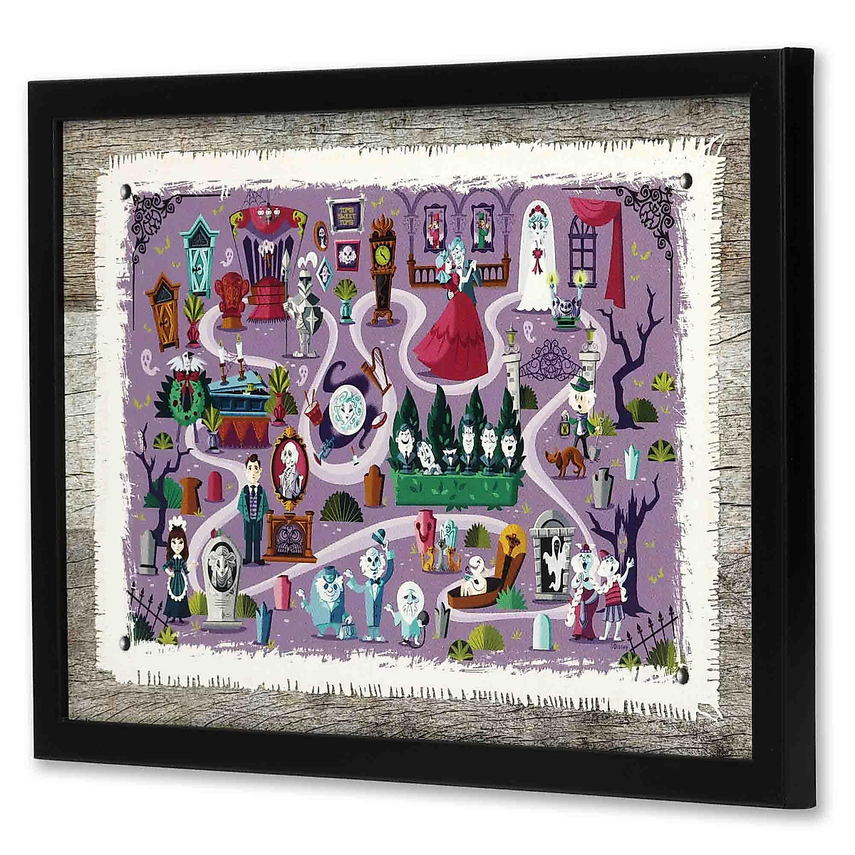 Disney Haunted Mansion Map Framed Wood Wall Decor - Fun Haunted Mansion Picture for Kids' Room or Halloween Decor