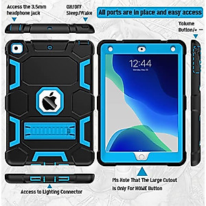 CCMAO Case for iPad 6th/5th Generation(9.7-inch, 2018/2017), iPad Pro 9.7 Inch Case 2016, iPad Air 2nd/1st Case with Kickstand, Hybrid Shockproof Protective Case for Kids Boys, Black+Sky Blue