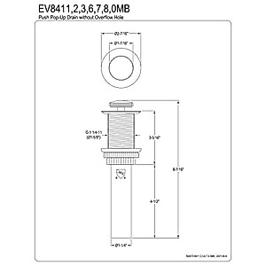 Kingston Brass EV8417 Coronet Push Pop-Up Bathroom Sink Drain Without Overflow, Brushed Brass 8.44 x 2.44 x 2.44