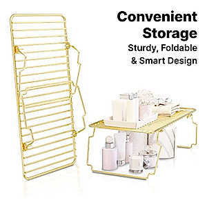 BENOLDY Rustproof Foldable Gold Metal Wire Kitchen Cabinet Storage Rack - Stackable Shelf Organizer for Plates, Dishes, Counters & Pantry Organization