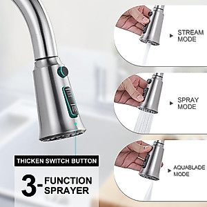 WOWOW Kitchen Faucet with Sprayer,Brushed Nickel Single Handle High Arc Stainless Steel Kitchen Faucet Tap with Pull Down Sprayer for 2 or 4 Hole,Pull Out Kitchen Faucet with Deck Plate & 3 Functions