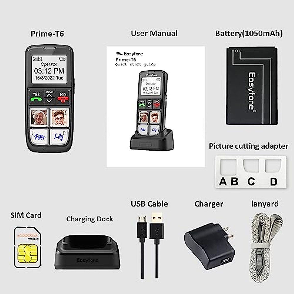 Easyfone T6 4G Picture Button Cell Phone for Seniors and Kids | Easy-to-Use | Clear Sound | Easy Charging Dock | SOS Button | SIM Card Included | Good for Dementia, Alzheimer's and Kids (T6)