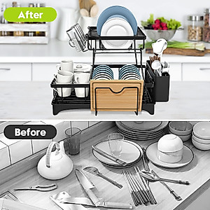 vikiciy Dish Rack Dish Drying Rack Dish Racks for Kitchen Counter, Drying Rack for Kitchen Counter 2 Tier Dish Rack with Auto-draining Tray for Kitchen with Utensil Holder, Cutting Board Holder