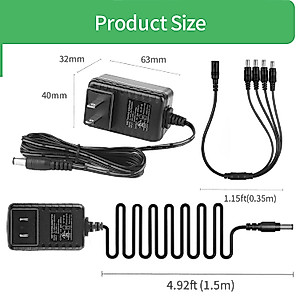 Security-01 AC 100-240V to DC 12V 2A Power Supply Adapter with 4 Ways Splitter Cable for Security Camera/DVR/NVR/Led Strip Lights/Router/Monitor/Keyboard,UL Listed