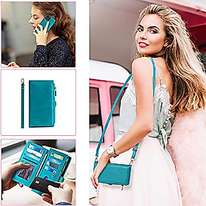 MInCYB Compatible with iPhone 14 Pro Wallet Case, Zipper Case with RFID Blocking Card Holder Slots for Women Men, Magnetic Detachable Leather Cover with Wristlet Strap for iPhone 14 Pro. Blue