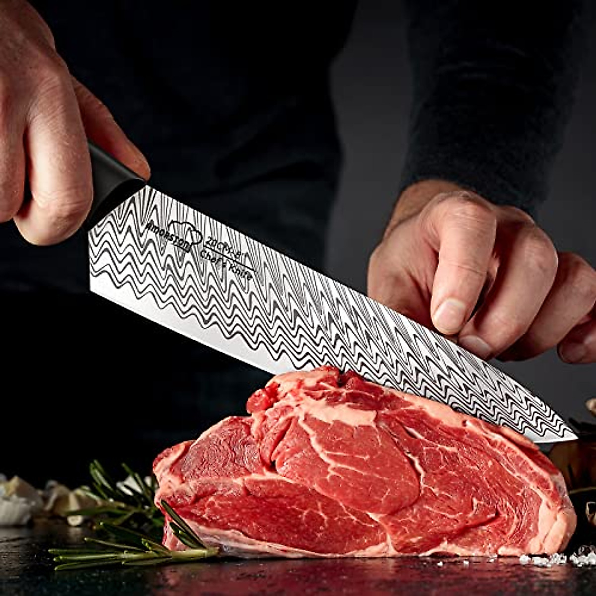 Knife Set, 15 Pieces Damascus Kitchen Knife Set with Built in Knife Sharpener Block, Dishwasher Safe, German Stainless Steel Knife Block Set