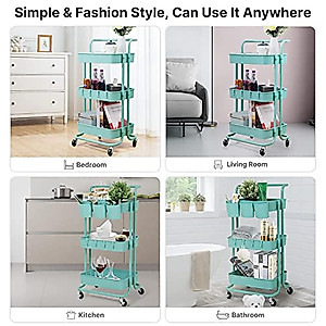 E&D FURNITURE 3 Tier Rolling Storage Cart with Wheels, Utility Art Craft Supply Cart Organizer on Wheels, Multipurpose Adjustable Makeup Cart Hair Salon Trolley with Handle & Hanging Cups Blue