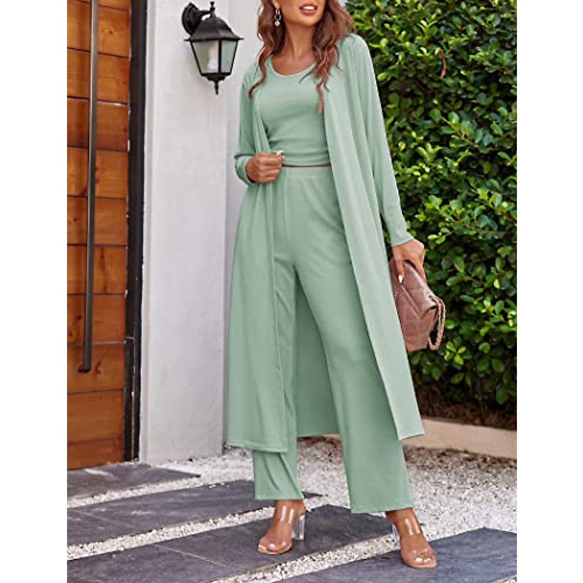 Ekouaer Women's 3 Piece Knit Lounge Set Sweatsuit Light Green