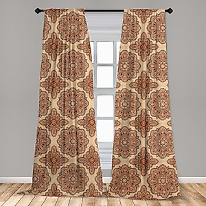 Ambesonne Ethnic Window Curtains, Mandala Style Floral Flower with Abstract Paisley Backdrop Art Print, Lightweight Decor 2-Panel Set with Rod Pocket, Pair of - 28" x 63", Dark Brown