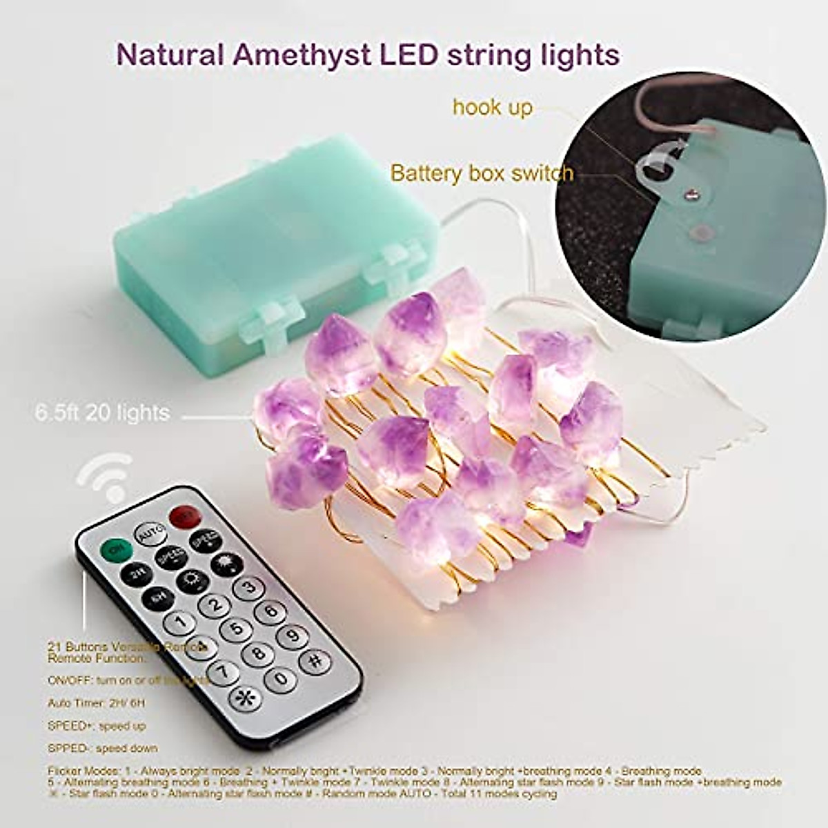 Nature Amethyst Crystal String Lights for Bedroom 6.5FT 20LEDs USB/Battery Operated Grape Crystal Light Pure Purple Fairy Lights Plug in for Natural Life Cute String Lights for Office