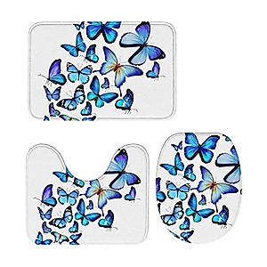 ASEELO Blue Butterfly Bathroom Rugs Sets 3 Piece with Toilet Cover, Bath Mats,U-Shaped Contour Mat,for Bathroom,Tub