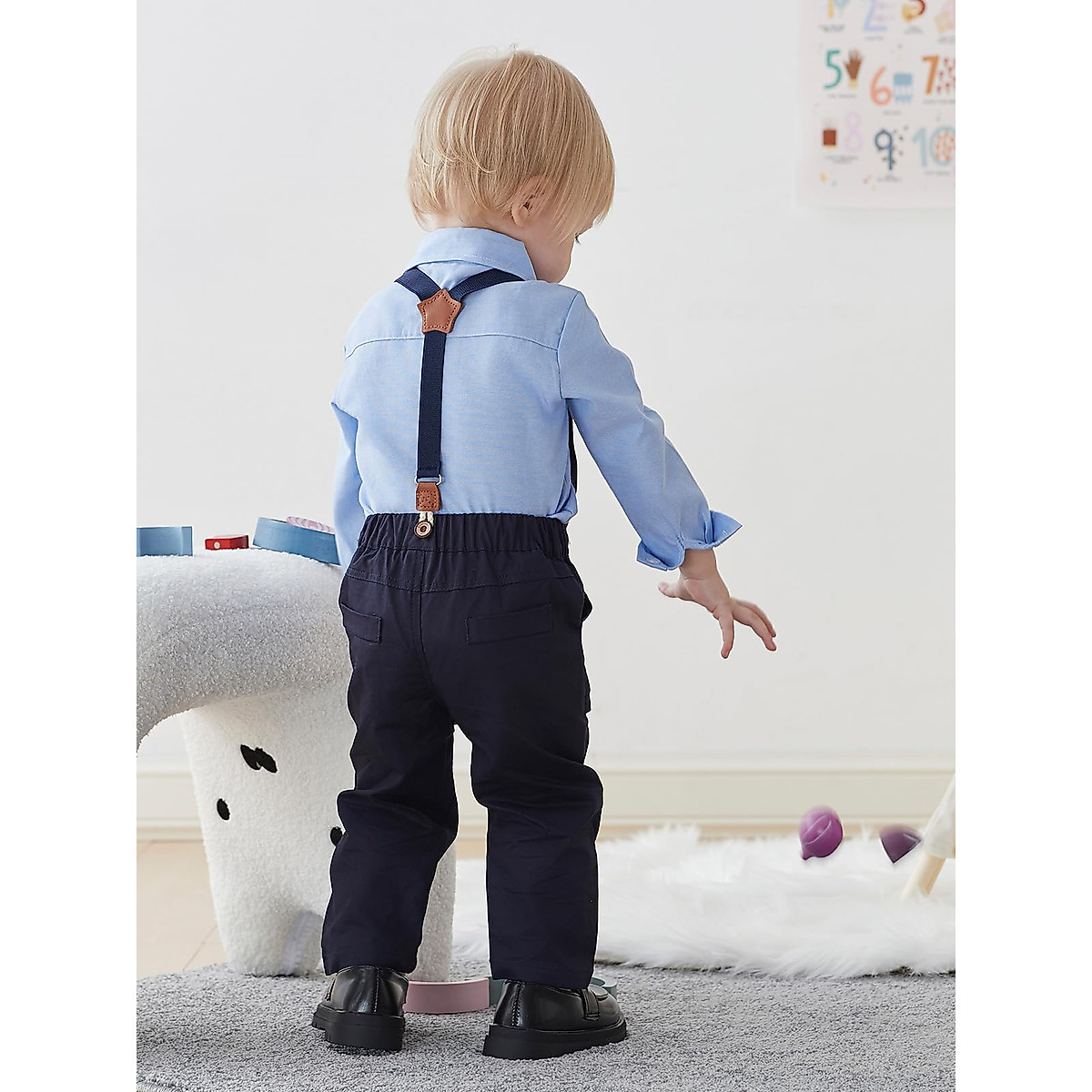 SALNIER Toddler Dress Suit Baby Boys Clothes Sets Bowtie Shirts + Suspenders Pants 3pcs Gentleman Outfits Suits 6 Month - 6 Years (Blue005 3T)