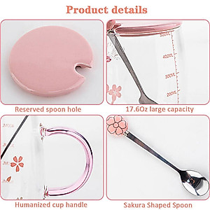 ZRAGEK Sakura Mug Creative Sakura Cup Coaster, Office Drinking Cup with Scale, Cute Heat Resistant Glass Mug with Lid Spoon, 17.6 oz Large Capacity(Big flower,17.6Oz)