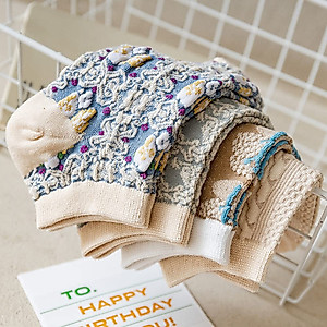 HIQUAY 4/8Pairs Women Cute Cartoon Socks Ankle Breathable Retro 3d Floral Socks (4 Pairs-Combination,1)