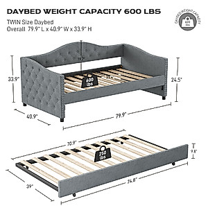Rophefx Upholstered Daybed with Trundle, Twin Size Daybed Frame, Button-Tufted Sofa Daybed,Modern Linen Furniture for Bedroom Living Room, Grey