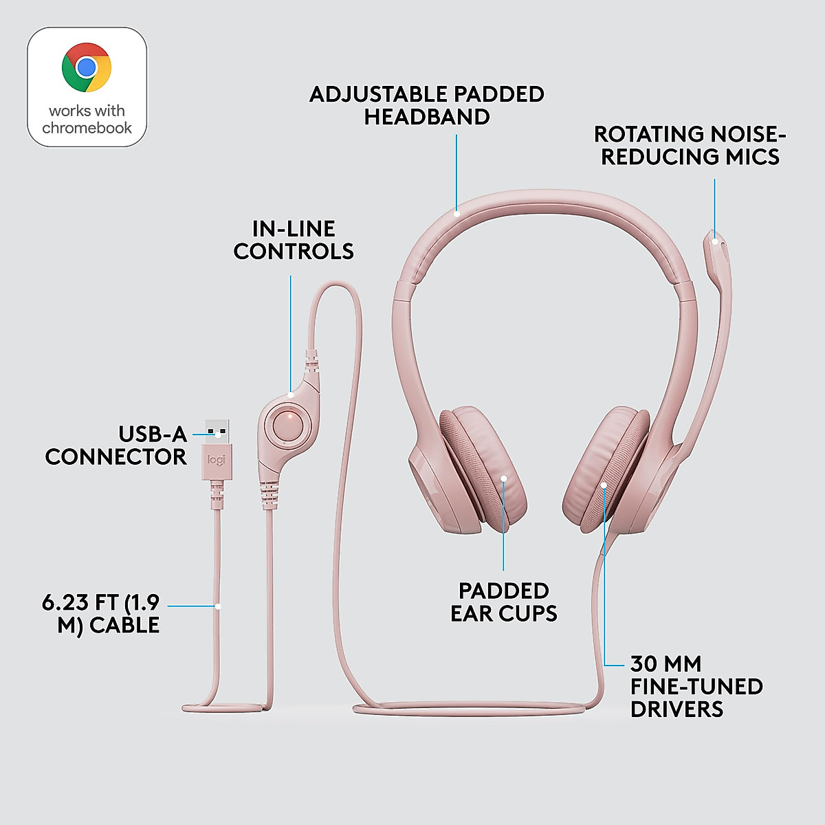 Logitech H390 Wired Headset for PC/Laptop, Stereo Headphones with Noise Cancelling Microphone, USB-A, in-Line Controls for Video Meetings, Music, Gaming and Beyond - Rose