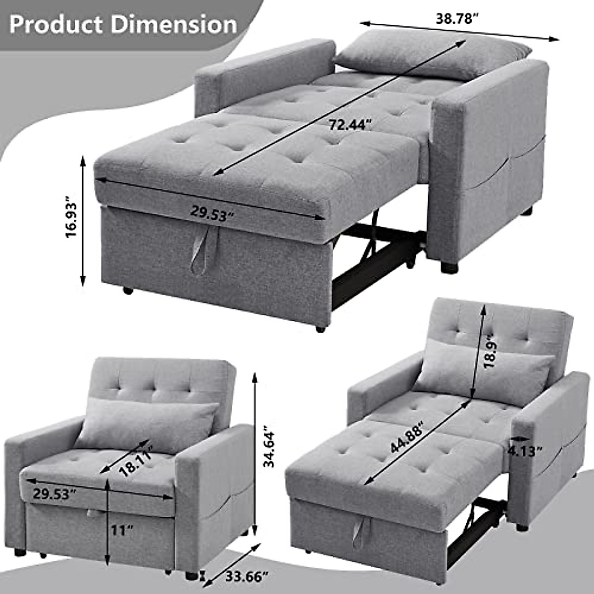 Setawix Convertible Chair Bed 3-in-1, Multi-Functional Sleeper Sofa Chair with Adjustable Backrest, Single Sofa Chair with Side Pocket and Pull Out Bed, Folding Recliner Chair (Linen, Grey)