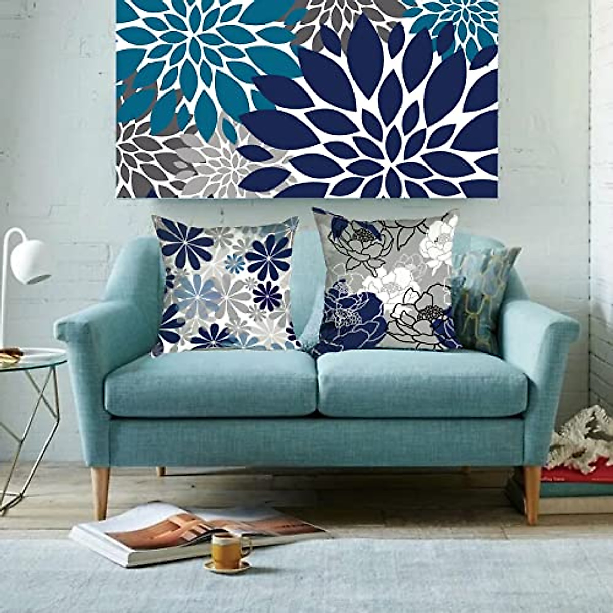 Set of 4 Decorative Throw Pillow Covers 18x18 Blue and Grey Modern Daisy Floral Pillow Covers for Living Room Farmhouse,Modern Simple Boho Cushion Bed Outdoor Home Decor