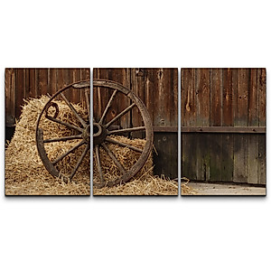 wall26 Canvas Print Wall Art Set Antique Vintage Wheel in Country Barn with Hay Nature Wilderness Photography Realism Rustic Scenic Colorful Ultra for Living Room, Bedroom, Office - 16"x24"x3