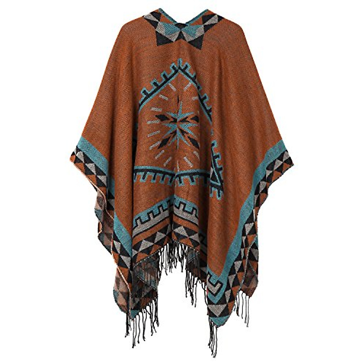 Urban CoCo Women's Printed Tassel Open front Poncho Cape Cardigan Wrap Shawl (Orange-series 5)