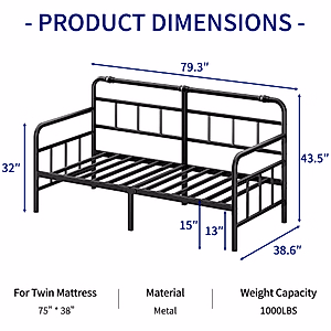 Sementa Daybed-Frame, Twin-Daybed with Classic-Headboard - Heavy Duty Steel Slats,Metal Sofa Bed Frame for Living Room Bedroom Guest Room, Easy Assembly(Black)