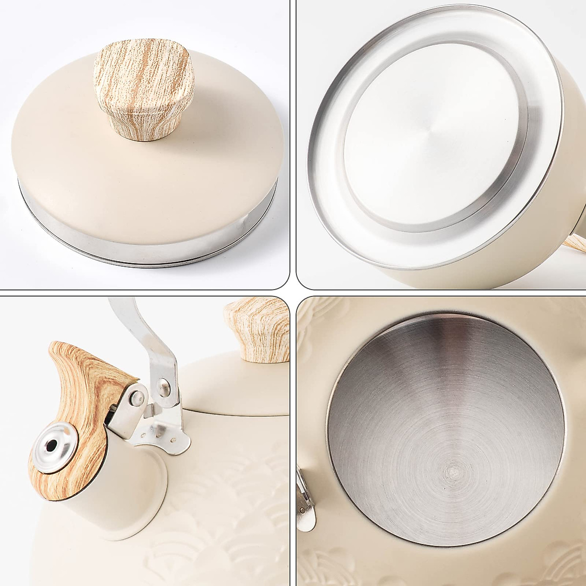 Whistling Tea Kettle Stainless Steel Tea Pots for Stove Top Stylish Kettle With Wood Pattern Anti-slip Handle,2.6 Quart, Beige