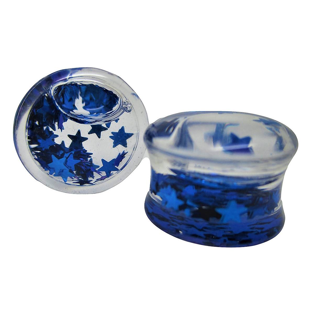 Pierced Republic Blue Star Glitter Liquid Filled Ear Plugs - Double Flared - 6 Sizes - Pair (0 Gauge (8mm))