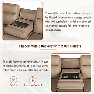 Mystiqueserenity Manual Reclining Home Theater Seating Recliner Chair Sofa with Flipped Middle Backrest and Console, 2 Cup Holders for Living Room, Bedroom, Home Theater, Light Brown
