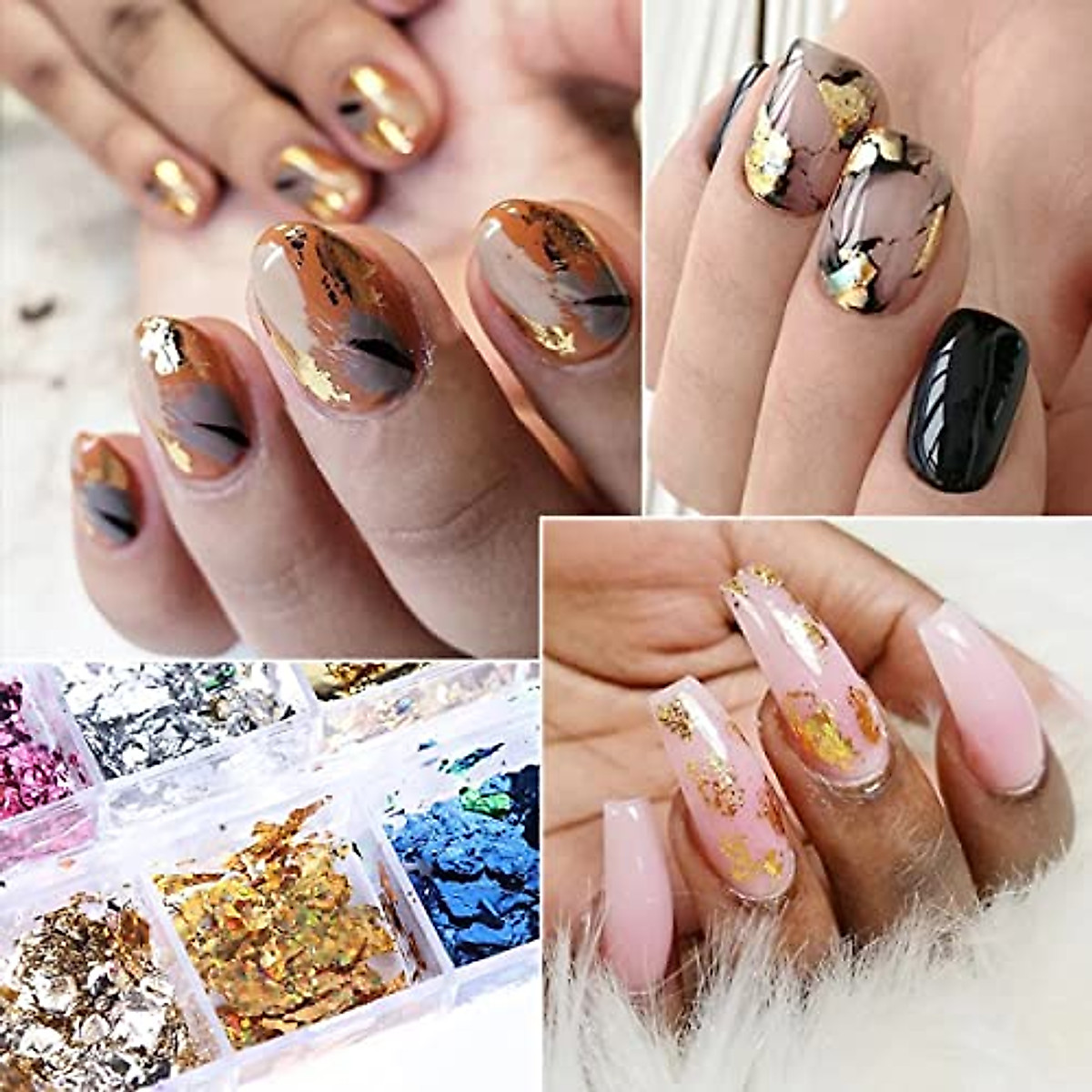 12 Grids Gold Nail Art Foils Flakes Holographic Nail Glitter Sequins Gold Silver Laser Shiny Design Confetti Nail Foil Flakes for Acrylic Nail Charms Decorations Women DIY Nails Art Supplies