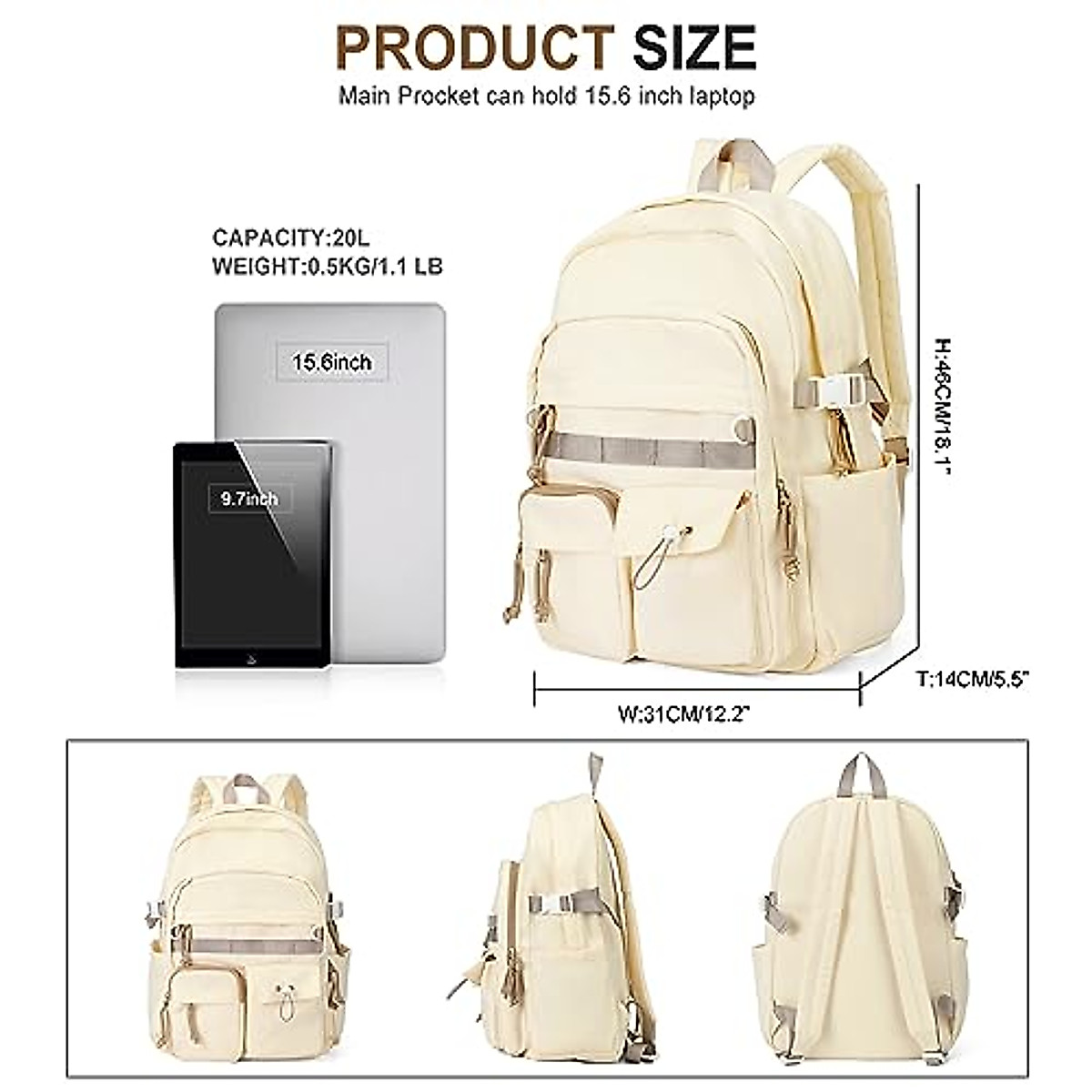weradar Lightweight Backpack For School Teens Girls,Cute 15.6 Inch Laptop Bookbag,Water Resistant College Backpack For Women,Middle School Bag Casual Travel Daypacks(beige)