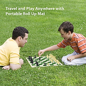 Sterling Games Extra Large 20" x 20" Roll Up Chess Mat and Chess Pieces Set, Tournament Chess Pieces, Green Vinyl Travel Chess Mat