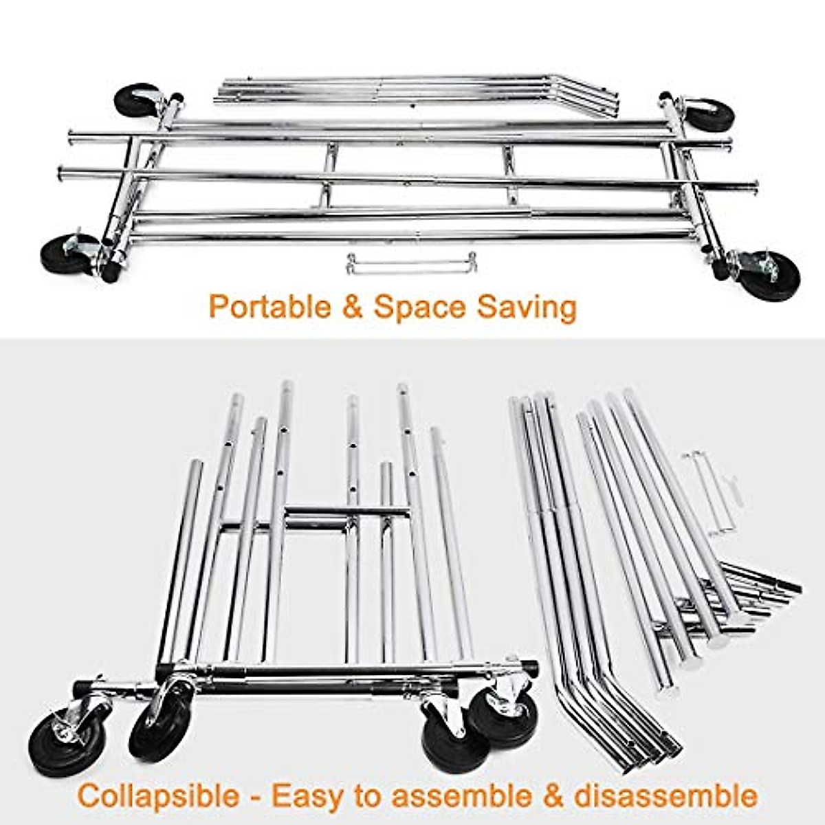 HOKEEPER 330 Lbs Double Clothing Garment Racks Commercial Rolling Clothes Rack for Hanging Clothes Heavy Duty Portable Collapsible Chrome