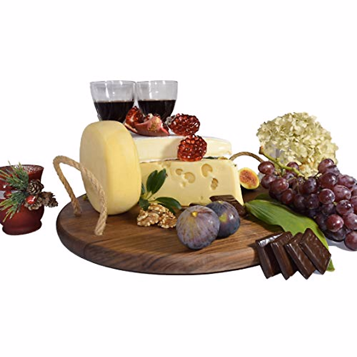 WALUX Organic Black Walnut Wood Cheese Board with Handle (14"), Charcuterie Platter & Serving Tray for Wine, Crackers, Brie and Meat. Rustic Black Walnut Serving Board, Round Cheese Board