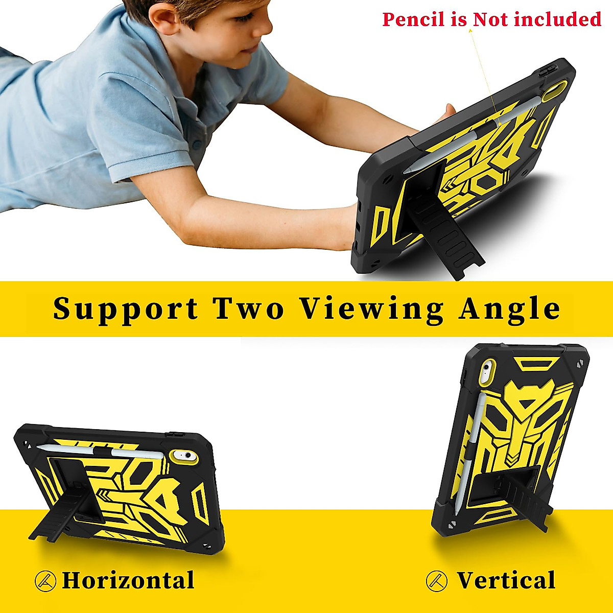 HOGENL for iPad 10th Generation Case, for iPad 10.9 Inch Case for Kids with Pencil Holder Kickstand Shoulder Strap Heavy Duty Shockproof Full Body Protective Cover for iPad 10th 2022 (Black+Gold)